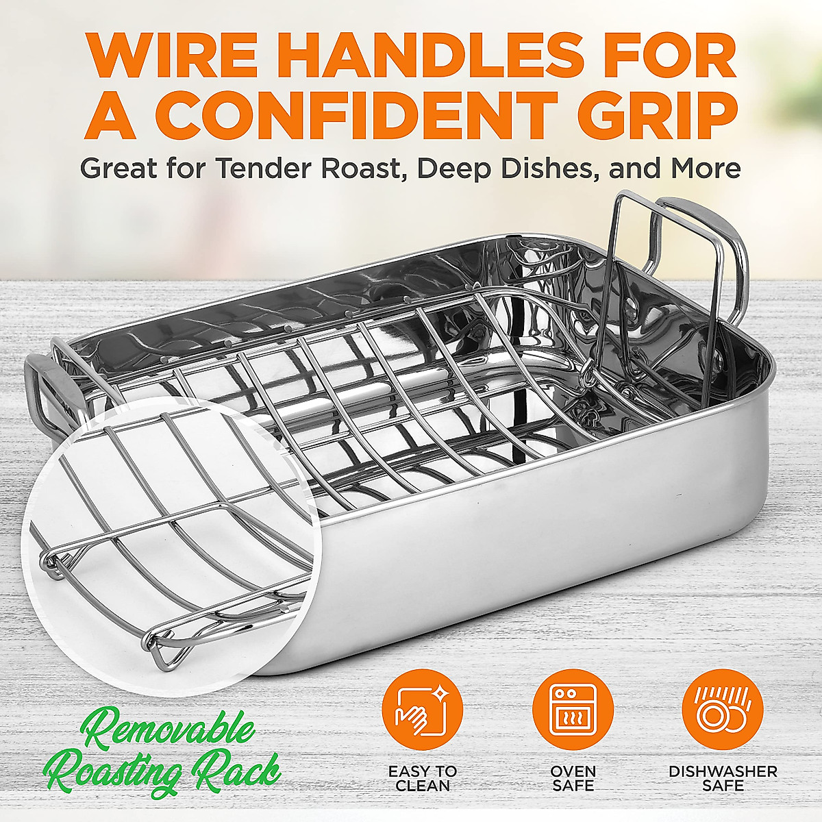 Roasting Pan with Polished Rack, Wide Handle, and Stainless Steel Lid, Turkey Chicken Roasting Pan Great for Thanksgiving Dinners, Tender Roast, Deep Dishes, and More