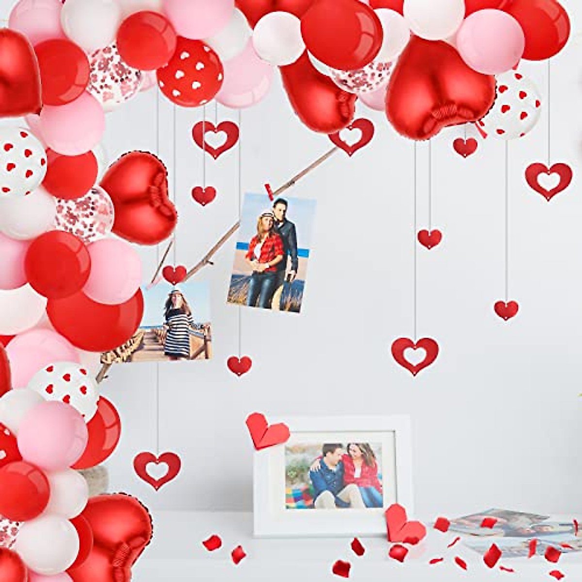 Auihiay 125 PCS Valentine's Day Balloon Arch with 500 Rose Petals, 100 Hanging Heart Garland, Red Heart Balloons, Pink White Red Balloons for Valentine's Day Anniversary Wedding Party Home Decorations