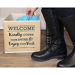 Premium Linen Look Foldable Shoe Cover Bin, Indoor Real Estate Bootie Box, Open House Supply with 10 Pack Shoe Covers and a Please Use Shoe Covers, Double Sided, Door Hanger (Linen Bin with 10 Pack Shoe Covers)