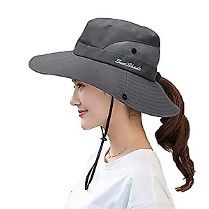 Womens UV Protection Wide Brim Sun Hats - Cooling Mesh Ponytail Hole Cap Foldable Travel Outdoor Fishing Hat (Grey)
