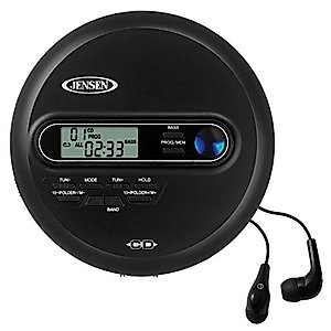 Jensen CD-65 Portable Personal CD Player CD/MP3 Player + Digital AM/FM Radio + with LCD Display Bass Boost 60-Second Anti Skip CD R/RW/Compatible Sport Earbuds Included (Black Limited Edition Series)