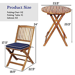Tangkula 3 PCS Patio Folding Bistro Set, Outdoor Acacia Wood Chair and Table Set w/Padded Cushion& Round Coffee Table, Ideal for Indoor Patio Poolside Garden (Navy Blue)