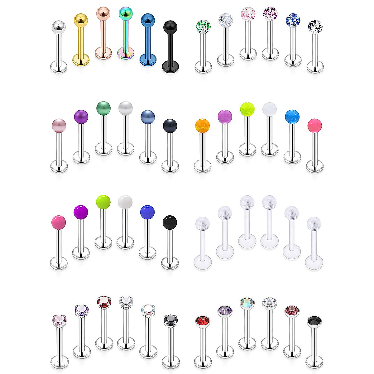 Gadeaila 48pcs 16G Lip Rings Stainless Steel Labret Monroe Lip Rings Nail Cartilage Tragus Helix Earrings Studs Ring Medusa Piercing Jewelry for Women Men 6mm 8mm 10mm