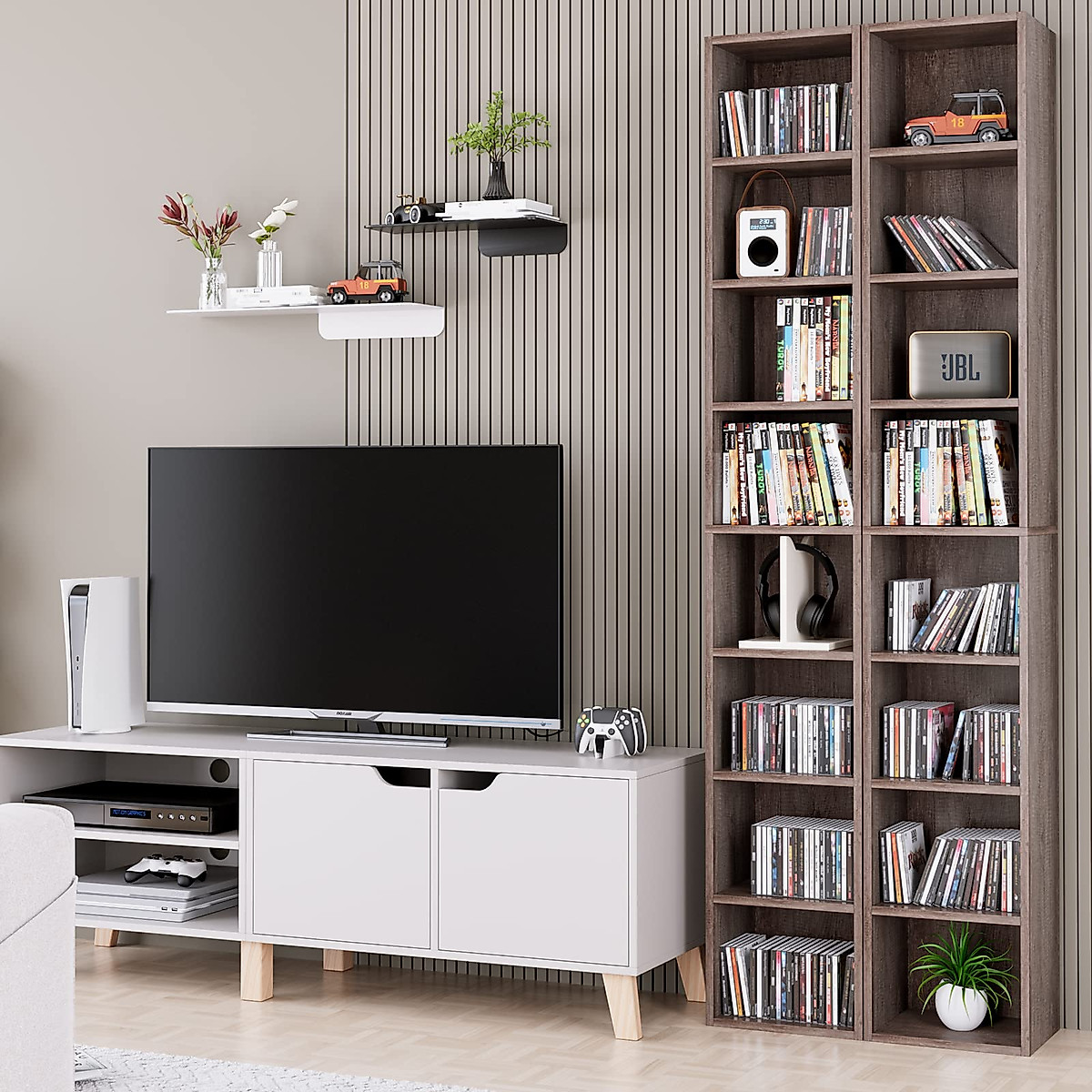 PUPL 8-Tier Media Tower Rack, CD DVD Storage Organizer Cabinet with Adjustable Shelves, 11.6 x 9.3 x 70.9 Inches Slim Wood Look Bookshelf Display Bookcase for Home Office, Oak