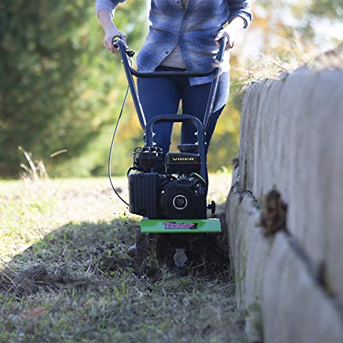 Tazz 35310 2-in-1 Front Tine Tiller/Cultivator, 79cc 4-Cycle Viper Engine, Gear Drive Transmission, Forged Steel Tines, Multiple Tilling Widths of 11”, 16” & 21”, Toolless Removable Side Shields,Green