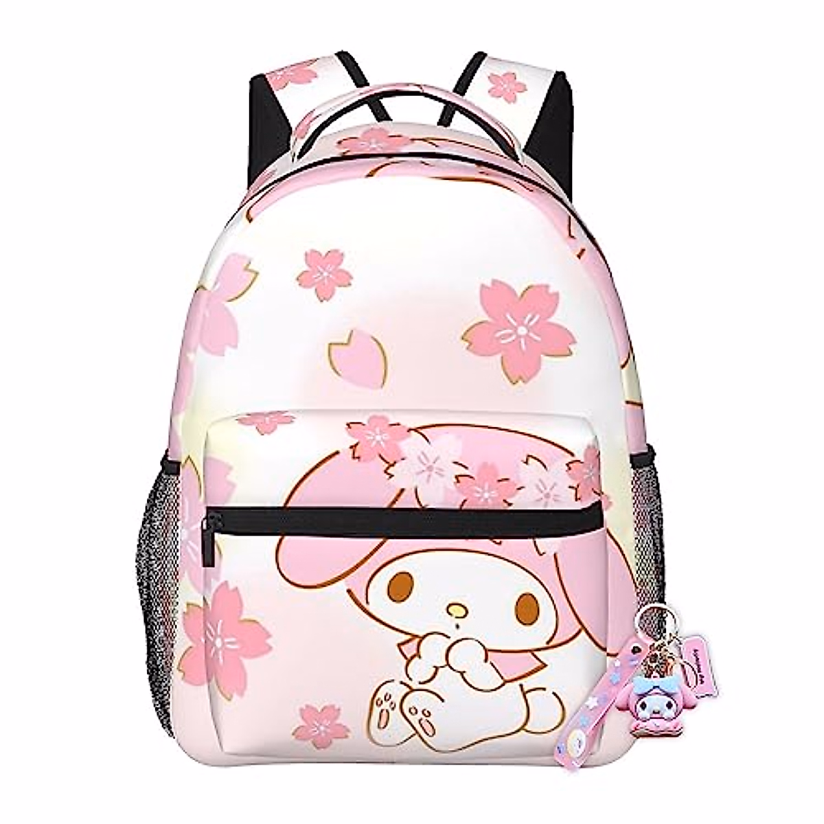 Cute My Bunny Melody And Flowers Backpack Cartoon My Bunny Melody Characters Backpack Double Shoulder Strap Adjustable Durable Laptop Bag Backpacks Lightweight Cute Travel Daypack With Keychain