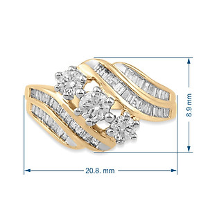 Jewelili 14K Yellow Gold Over Sterling Silver 4.5 MM and 3 MM Round Created White Sapphire and Natural White Round Diamond Accent Ring, Size 7