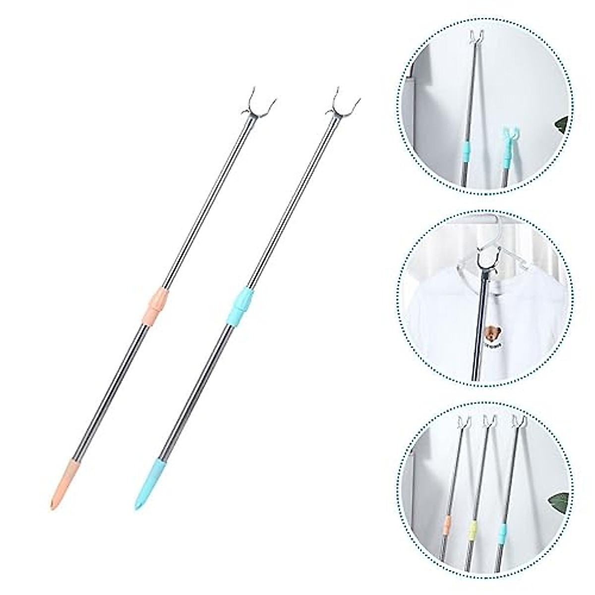 2pcs Clothes Pole Clothing Hook Pole Retractable Long Pole Clothes Drying Stick Washing line Prop extendable Reaching Stick Reach Closet Pole Aluminum Clothes Fork Household