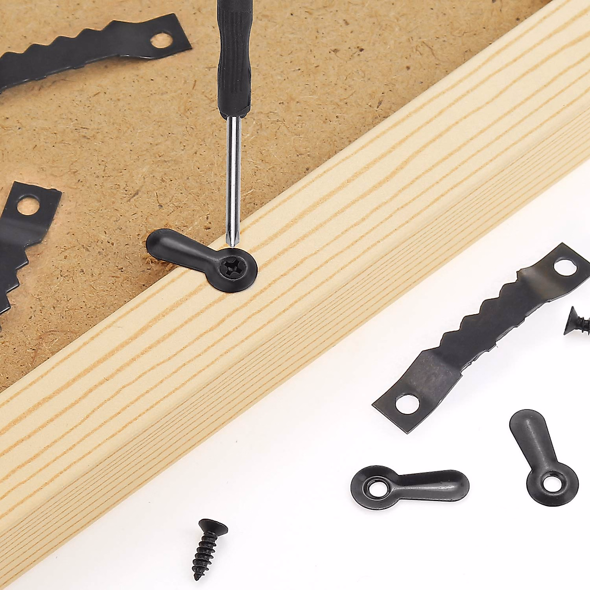 Powlankou 200 Piece Picture Hanger Kit, Including 100 Sawtooth Picture Frame Hangers and 100 Frame Turn Buttons with Screws