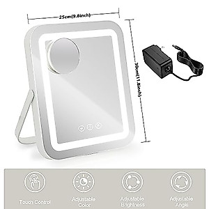 Sucedey Makeup Mirror with Lights, 12"x10" Lighted Vanity Mirror, 3 Color Modes & Adjustable Brightness, Detachable 10x Magnification, 360°Rotation (White)