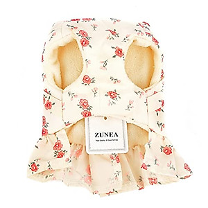 Zunea Winter Dog Harness Dresses for Small Dogs Girl Cute Flowers Printed Warm Fleece Lined Puppy Princess Dress with Bowknot and D-Rings Female Cold Weather Pet Skirt for Chihuahua Doggy Pink S