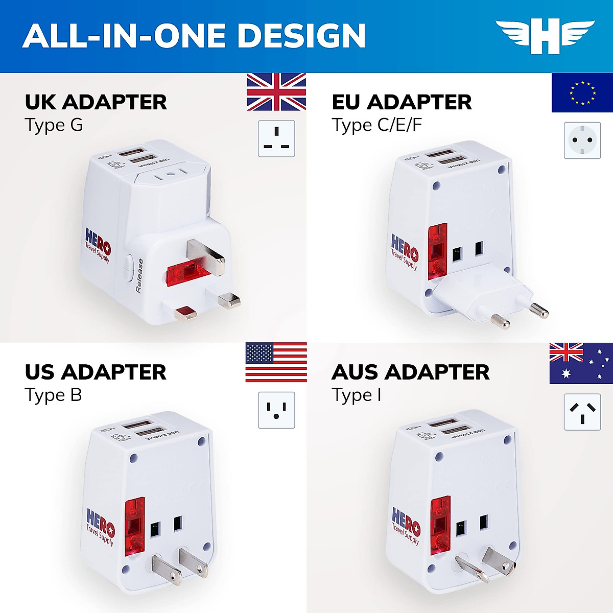 Hero Universal Travel Adapter (2 USB Ports) – Power Plug for US Europe France UK Ireland Thailand NZ Australia 100+ Countries