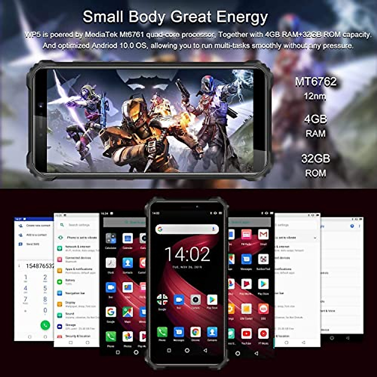 OUKITEL WP5 Rugged Cell Phones, 8000mAh Battery IP68 Waterproof Android 10 Rugged Smartphone, Triple Camera 4GB+32GB 5.5" HD+ Screen Face ID Fingerprint Dual Sim 4 LED Flashlight GSM 4G Black