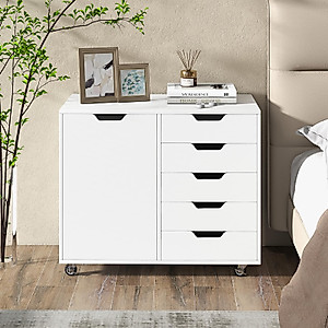 IFANNY Modern File Cabinet, White Lateral Filing Cabinet 5 Drawer with Universal Wheels, Wood Printer Stand with Storage, Rolling File Cabinets for Home Office, Living Dining Room, Bedroom, Kitchen