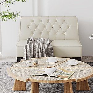 Alunaune Upholstered Loveseat Bench Couch for Bedroom, Modern Anti Scratch Cushioned Armless Settee Small Love Seat Sofa Faux Leather Living Room Couch-Beige