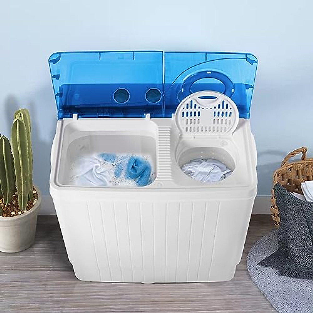 Winado 26LBS Portable Washing Machine, Compact Mini Washer Machine & Dryer Combo, Built-in Gravity Drain, Small Twin Tub Washer with Spin Cycle for Laundry Room, Apartments, Dorms, RV's (Blue)