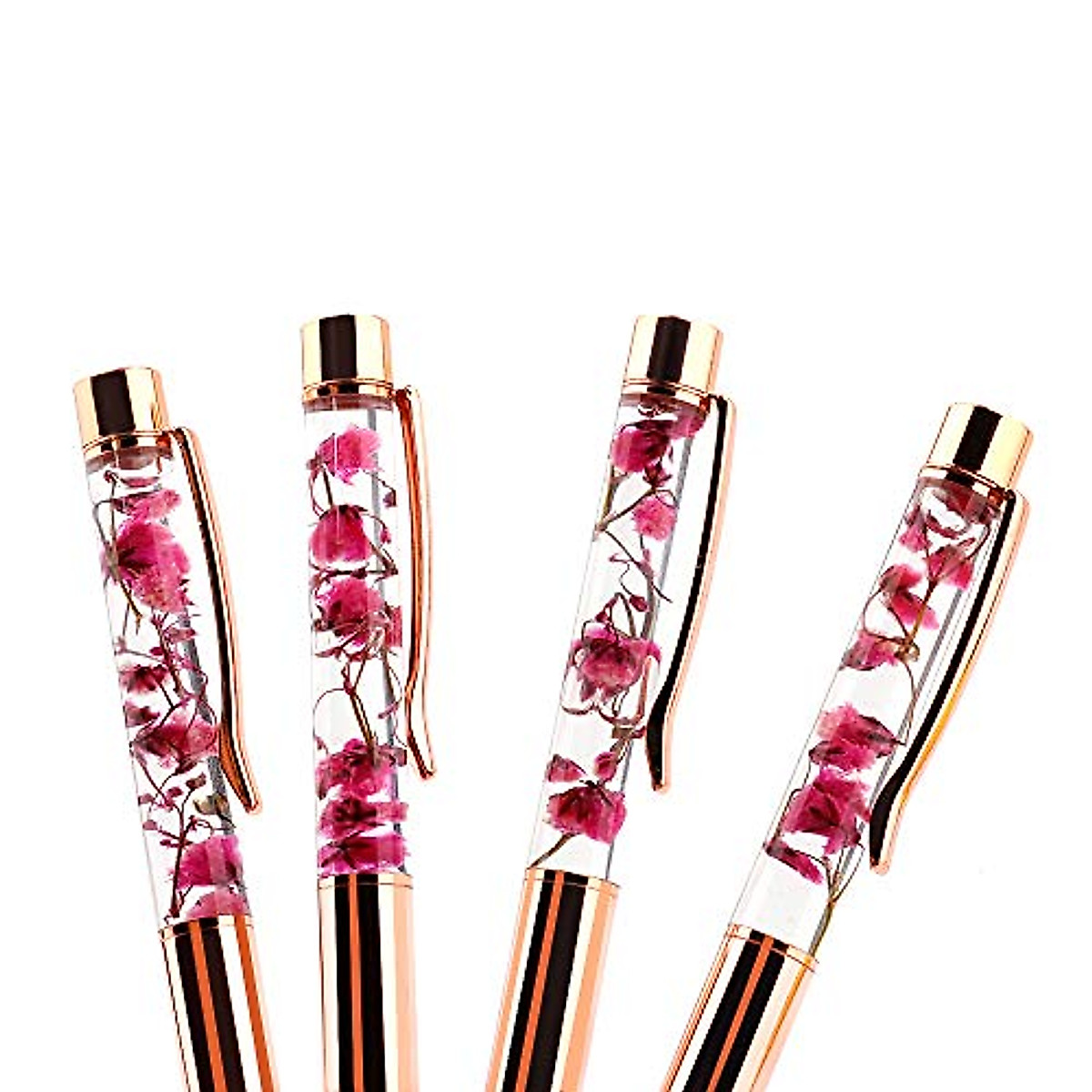 Ubabe Rose Gold Ballpoint Pen,4 Pieces Metal Ball Pens Dynamic Liquid Flower Pen Black Ink Pen Refills for Office Rose Gold Desk Supplies