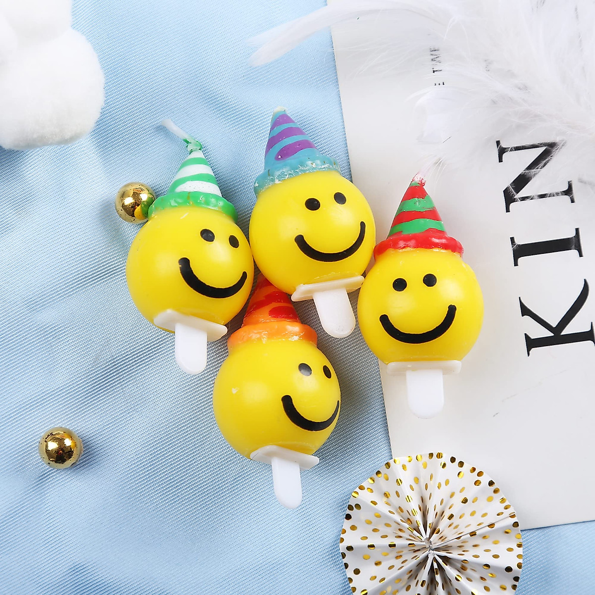 BoKin Smiley Face Birthday Candles, 4Pcs Cute Smile Face Candles One Happy Dude Birthday Cake Candles Toppers for Birthday Party Wedding Anniversary Valentines Day Christmas Festival