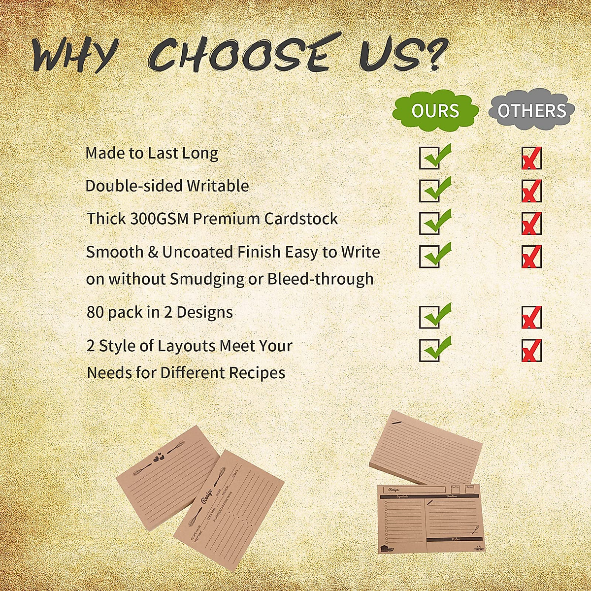 80 Count Recipe Cards 4x6 Inches, Thick Craft Paper Blank Double Sided, Classic Style, for Barbecues, Bridal Showers, or Housewarming Parties (2 Designs 40pcs each)