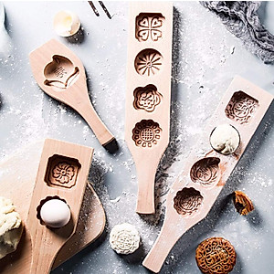 K JINGKELAI MoonCake Mold Chinese Traditional Mid-autumn Festival Moon Cake Mold 4 Flowers Wooden Handmade Baking Mold for Muffin Mooncake Cookie Biscuit Chocolate Pumpkin Pie