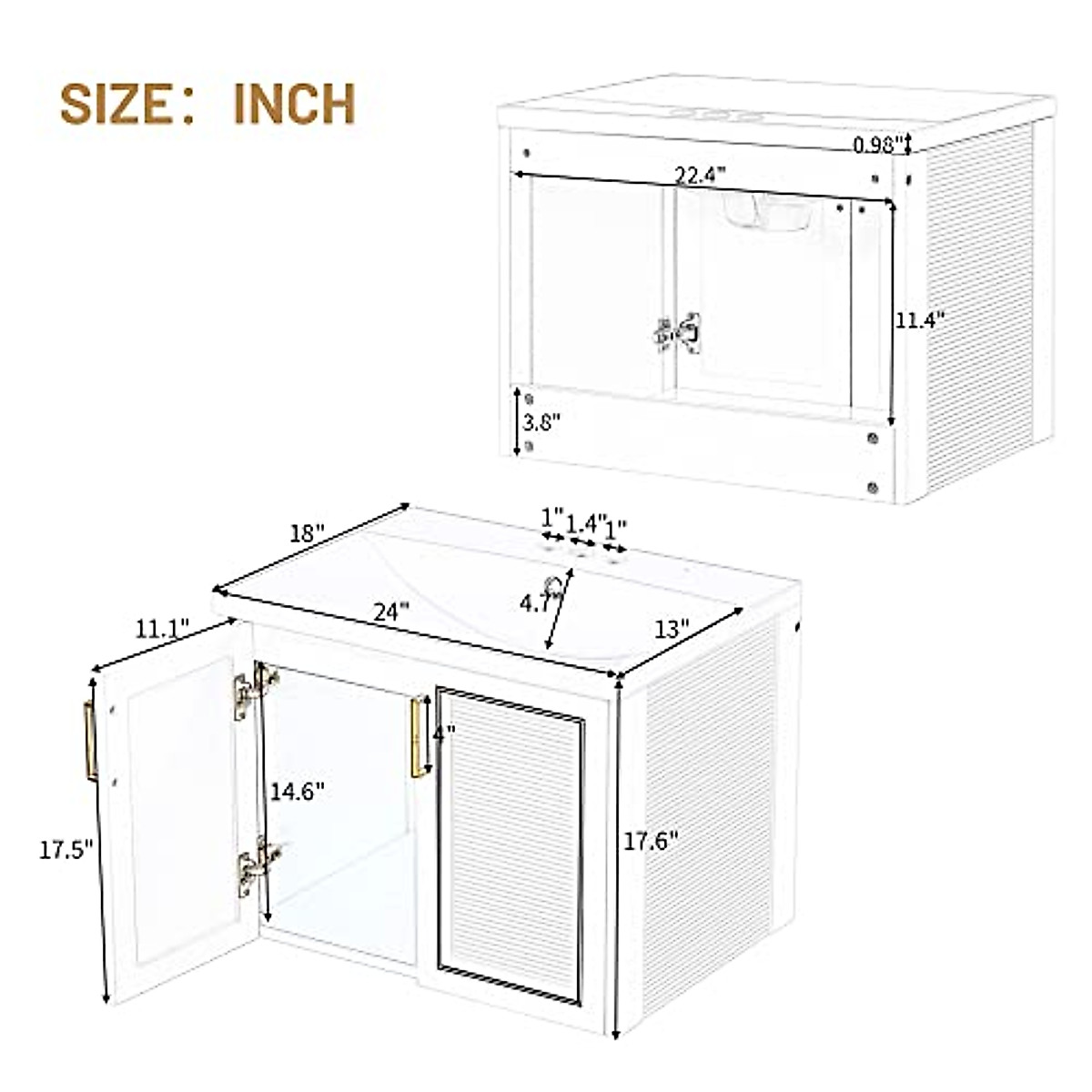 Lifeand 24" Wall Mounted Bathroom Vanity with Ceramic Basin, Two Shutter Doors, Solid Wood & MDF Board, White