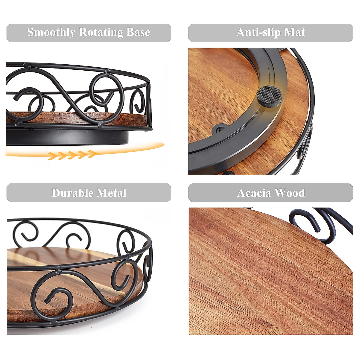 Y&M 2 Tier Lazy Susan, 9” & 10” Acacia Wood Lazy Susan Turntable Organizer, Height Adjustable Spice Rack with Steel Sides, Spice Jars Organization for Cabinet, Pantry, Kitchen, Bathroom, Countertop