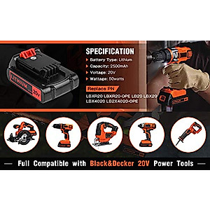 KINGTIANLE 2.5Ah 20V Max Lithium Battery Replacement for Black and Decker 20V Lithium Battery LED Indicator LBXR20 LBXR20-OPE LB20 LBX20 LBX4020 LB2X4020 Cordless Tools Batteries