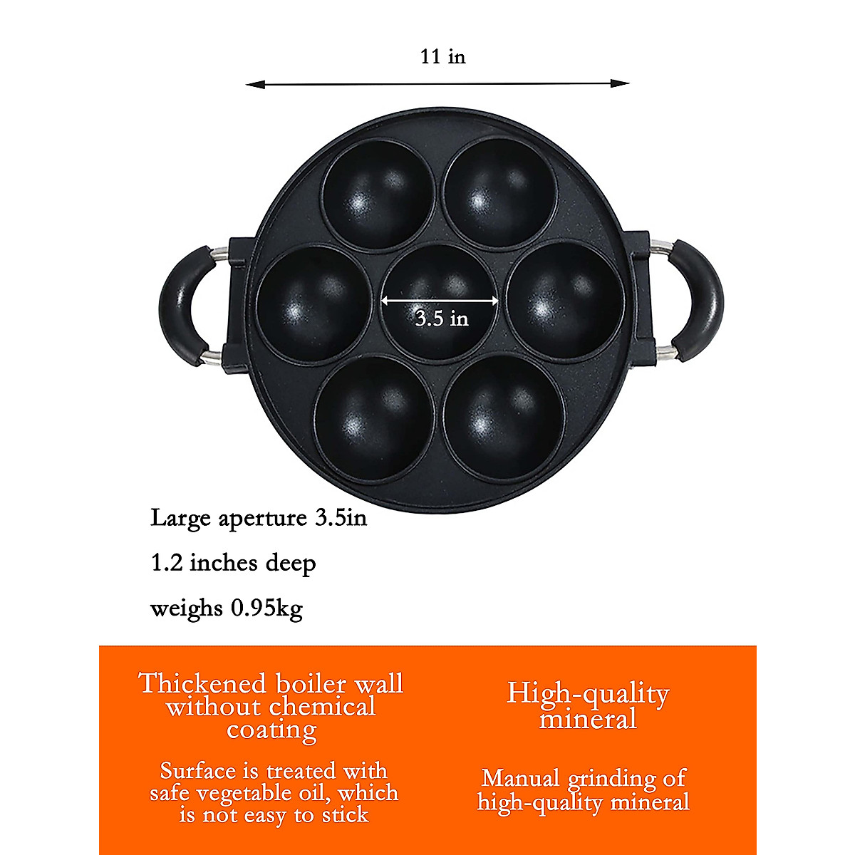 Heaunzy Japan large aperture takoyaki pan,cake mold baking pan,making masa (rice pancake),fry eggs,Poffertjes pan,Appam pan,Banh khot pan,Masa pan,cupcake pan,takoyaki maker,Nonstick,0.95kg(7 Hole)