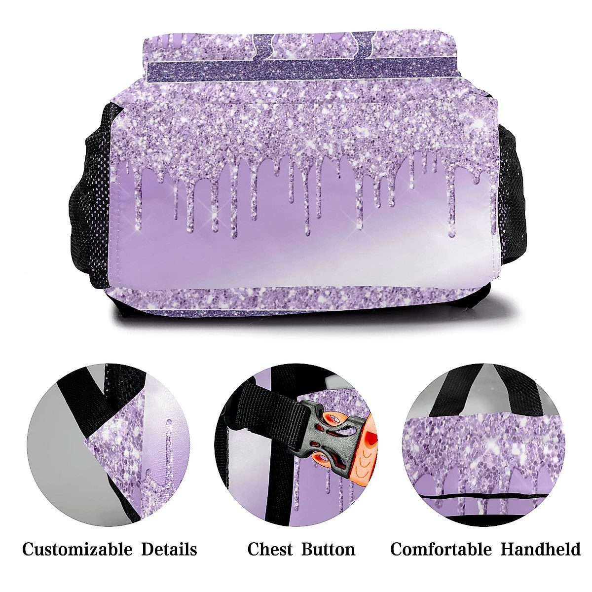 Custom Kid Backpack, Violet Purple Glitter Print Girls Gymnastics Personalized School Bookbag with Your Own Name, Casual Bookbags for Student Girls Boys