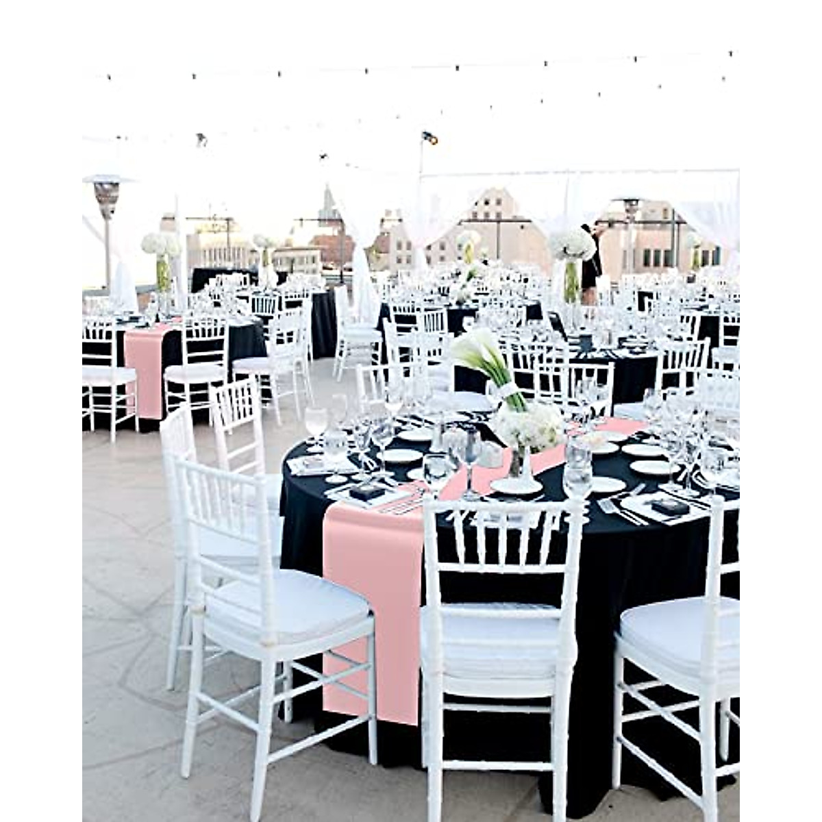 6 Pack Round Plastic Tablecloth 84" Black Disposable Table Covers Waterproof Circle Party Table Cloths for Round Tables and 6 Pack 12"x108" Rose Gold Satin Table Runners for Parties Birthday Picnic