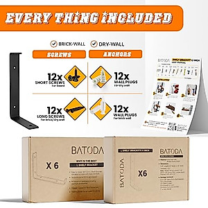 BATODA 12” Shelf Brackets with Lip (Match 11.25" Board) - 6 Pcs J Shelf Bracket Black - Heavy Duty Hook Brackets for Shelves - Wall Mounted Support for DIY - Shelving Hardware Included (Pack 6)