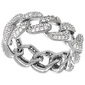 Sterling Silver CZ Link Chain Ring for Women Micro pave Rhodium Finish 5/16 in wide size 8