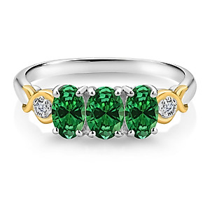 Gem Stone King 925 Silver and 10K Yellow Gold Oval Green Created Emerald and White Lab Grown Diamond Ring For Women (1.07 Cttw, Available In Size 5, 6, 7, 8, 9)