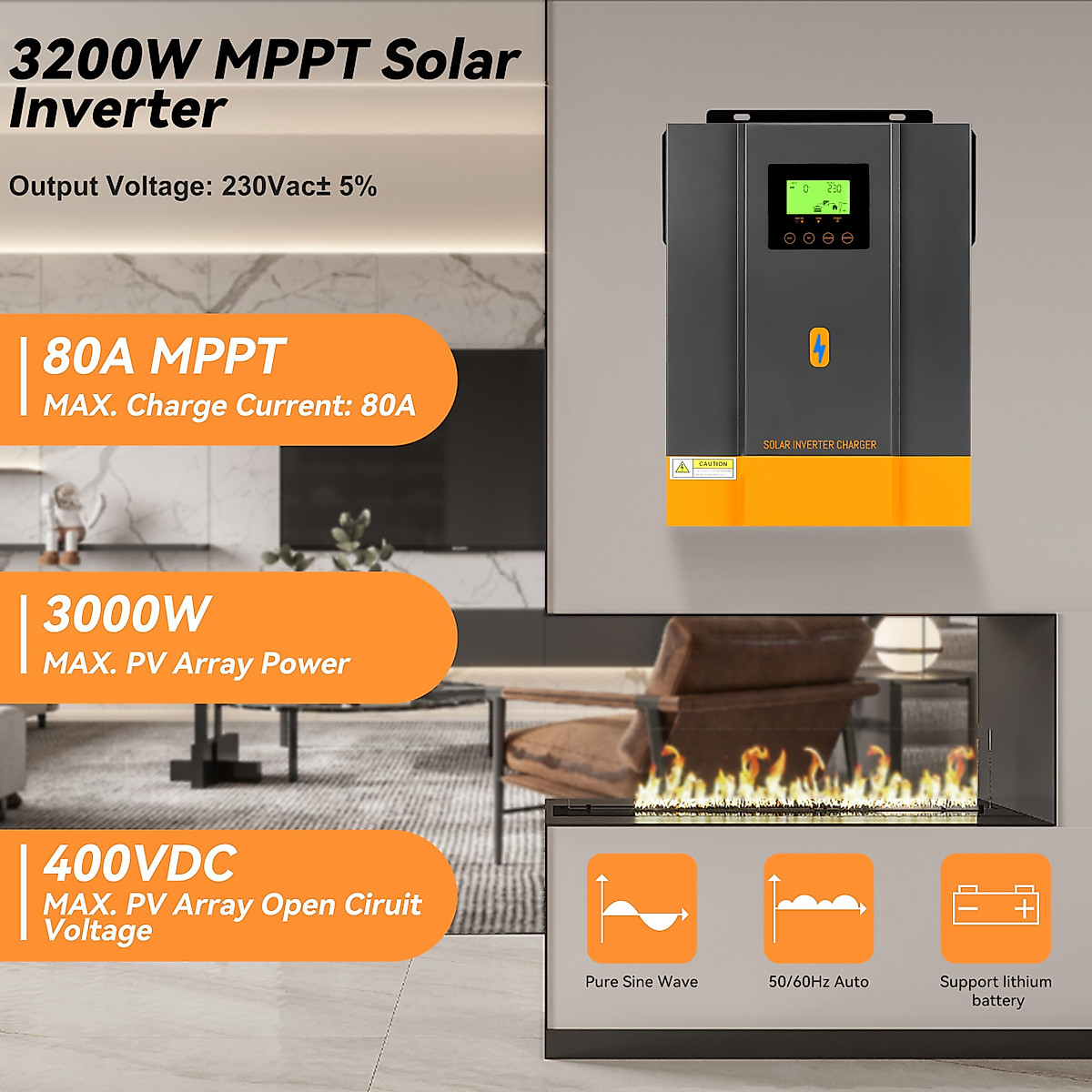 PowMr Solar hybrid Inverter 3200W 24VDC to 220-230VAC,Built in 80A MPPT Solar Charge Controller,Off-Grid Pure sine Wave Inverter,Work with 24V Lead Acid & Lithium Battery,Solar Power Utility Generator