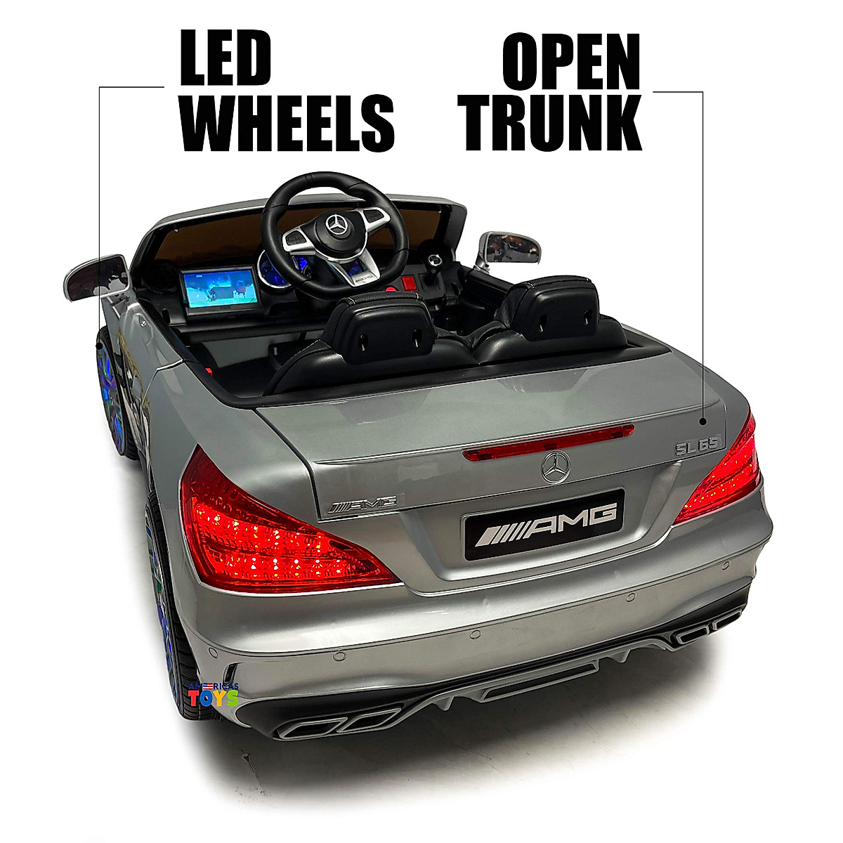 Americas Toys Kids Car with Remote Control, Mp4 Touch Screen, LED Wheels, Leather Seat – Electric Car for Kid to Drive, Open Trunk, Pull Handle, Compatible with Mercedes Benz Painted Silver