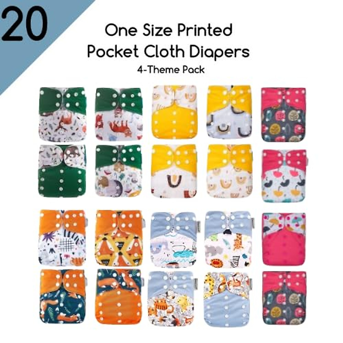 KaWaii Baby Reusable unisex Cloth Diaper Shells, One Size Adjustable Washable Leak-proof Pocket Baby Nappies - 20-Pack