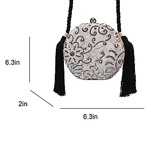 Fawziya Evening Clutch Sequin Embroidery Tassel Round Velvet Medium Novelty Purses For Women Crossbody-Beige