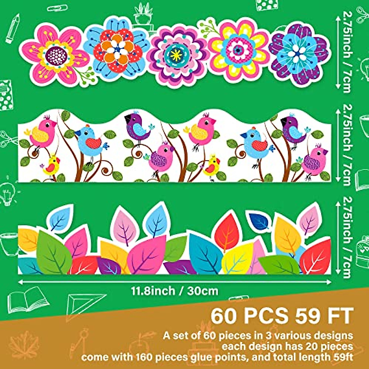 Bulletin Board Border Trim Colorful Removable Blackboard Chalkboard Border Springtime Luau Ocean Borders Stickers for Spring Classroom Office Party Wall Decor (Flower Style, 59 ft in Length)
