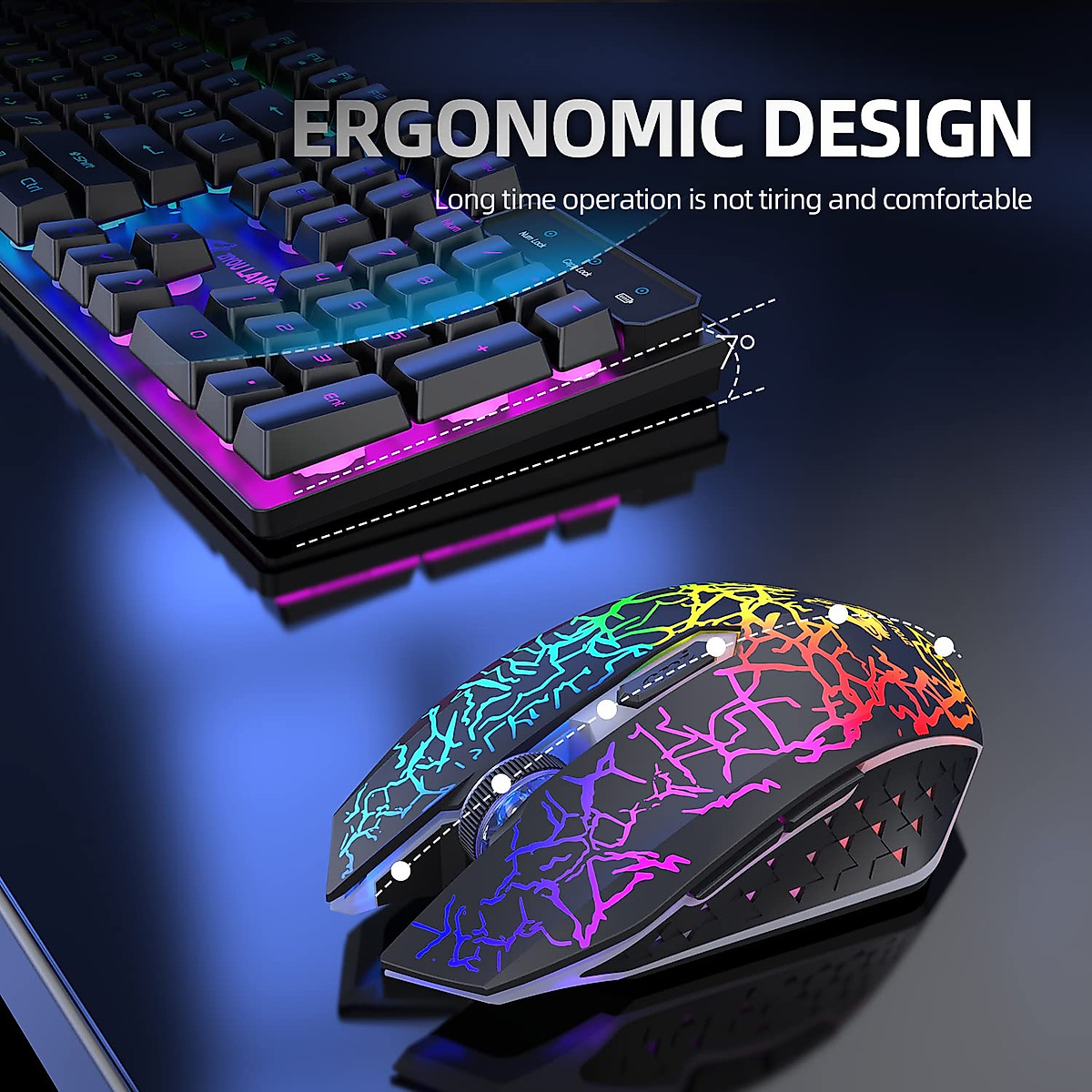 Wireless Gaming Keyboard and Mouse,Rechargeable Orange Backlit Keyboard Mouse with 3800mAh Battery,Mechanical Feel Gaming Keyboard,7 Color Gaming Mute Mouse,Gaming Mouse Pad for PC Gamer