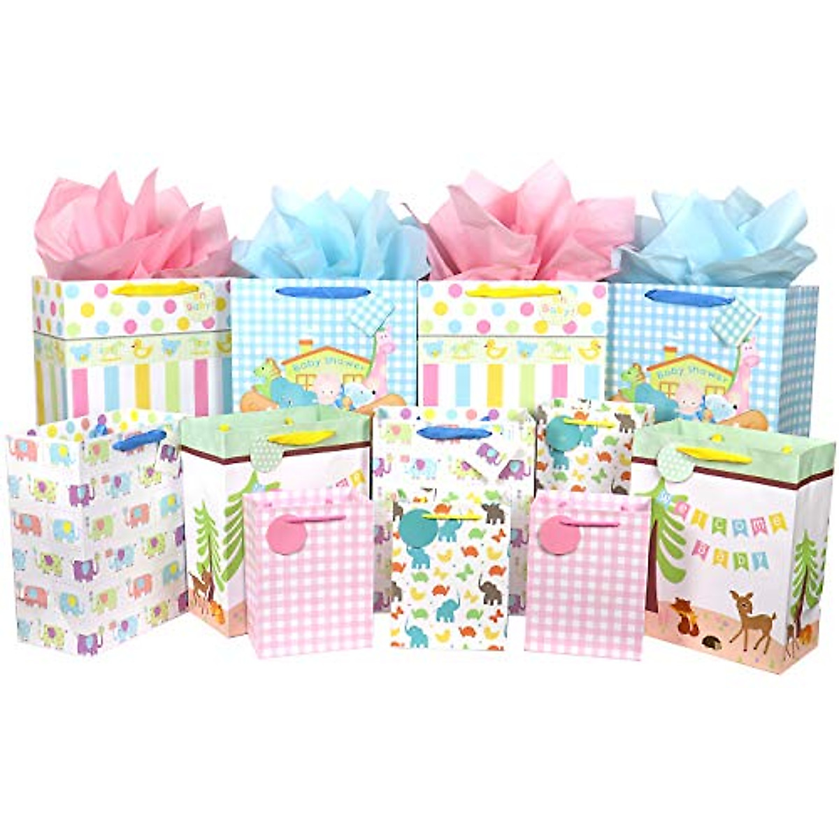 FZOPO Baby Gift Bag Assortment, Heavy Duty Paper Gift Bags, Pack of 12 Small, Medium, Extra Large Bags for Baby Shower, Birthday, Parties, Baby Girl, and Baby Boy