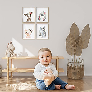 Designs by Maria Inc. Set of 4 UNFRAMED Farm animal kids nursery decor | Cute animal pictures | Animal posters safari wall decor | Farm Animal with Floral Crown Wall Art | Farmhouse Artwork (8"x10")