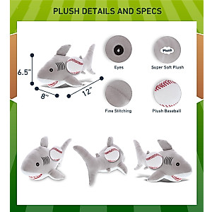 DolliBu Grey Shark Stuffed Animal with Baseball Plush - Soft Plush Huggable Shark Adorable Playtime Plush Toy, Cute Ocean Life Gift for Kids and Adults - 12 Inches