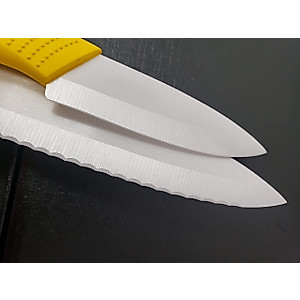 Serrated Black Ceramic Knife Set with 5" Serrated Knife. Includes 3”, 4”, 5”, 6” Ceramic Knives, Matching Sheaths and a Matching Vegetable Peeler in a Black Gift Box