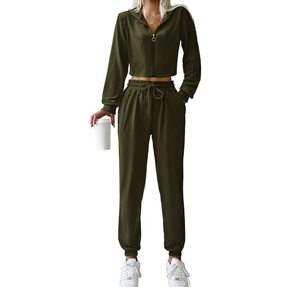 KIRUNDO Two Piece Outfits For Women Tracksuit Long Sleeve Slim Cropped Hooded Jacket Jogger Sweatpants Y2K Sweatsuit Set (Army Green, Medium)