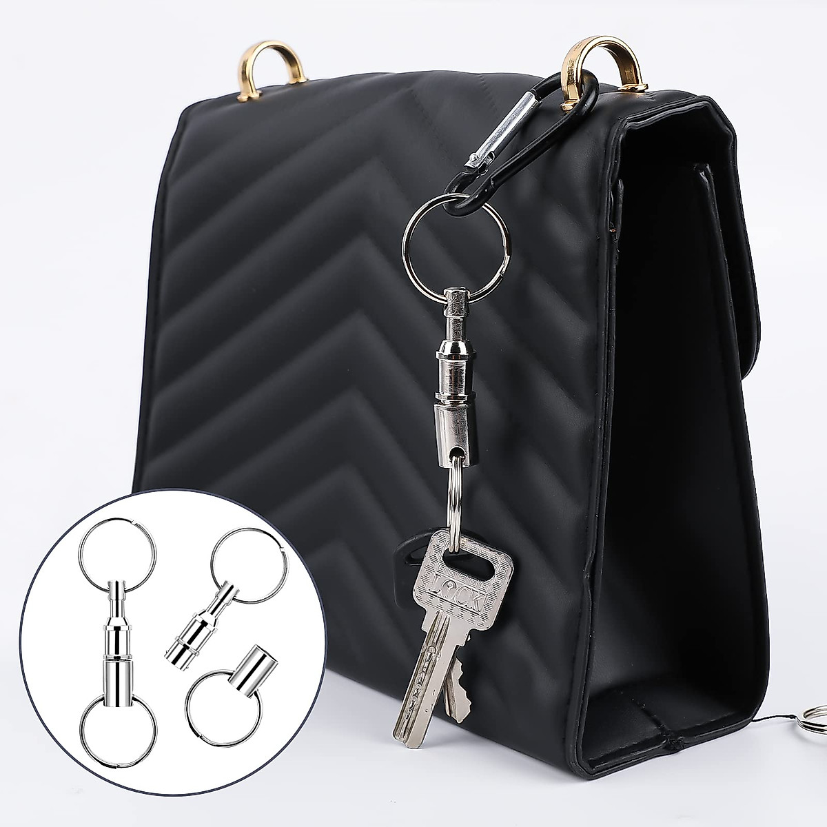 KALIONE 4 Sets Quick Release Detachable Keychain, Swivel Pull Apart Key Chain, Mini Detachable Keychain Rings with 4 Stainless Steel Key Rings for Home Office Outdoor Accessory Supplies(Silver)