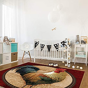 Rustic Rooster Marble Pattern Area Rug for Bed Room, 3' x 5' Indoor Accent Rugs Non-Skid Kitchen Runner, Farmhouse Red Round Bathroom Rugs Modern Floor Mats Washable Throw Carpet