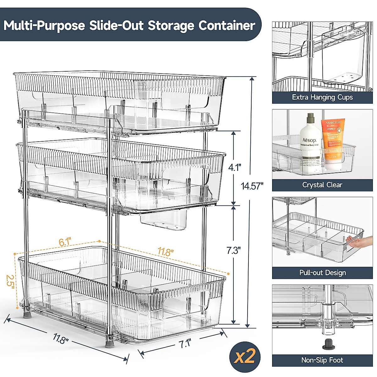 2 Pcs 3 Tier Clear Bathroom Organizer with Dividers, Multi-Purpose Pull-Out Pantry Organization and Storage, Under Sink Closet Organizers and Storage