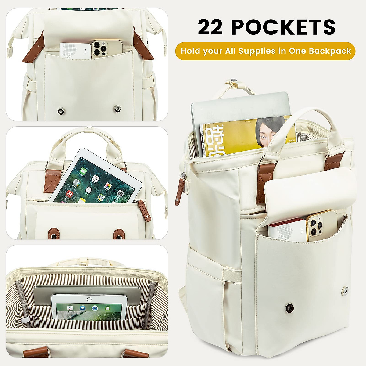 LOVEVOOK Laptop Backpack for Women Work Travel Commuter Backpack Business Computer Bag Teacher Doctor Nurse Bags College Backpack Purse, 15.6 Inch, Beige-Brown-Brown