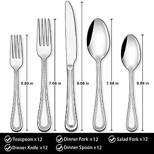 60-Piece Silverware Set, Stainless Steel Flatware Set for 12, Pearled Edge Food-Grade Tableware Cutlery Set, Utensil Sets for Home Restaurant, Mirror Finish, Dishwasher Safe