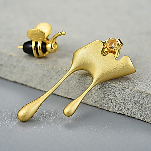 Lotus Fun S925 Sterling Silver Earrings Bee and Dripping Honey Asymmetric Stud Earrings for Women, Creative Handmade Unique Jewelry Gifts (Gold)